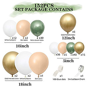 Anyshin Balloon Garland Arch Kit-152pcs White, Retro Green, Gold, Skin Latex Balloons for Baby Shower Birthday Wedding Graduation Bachelorette Anniversary Party Background Decorations