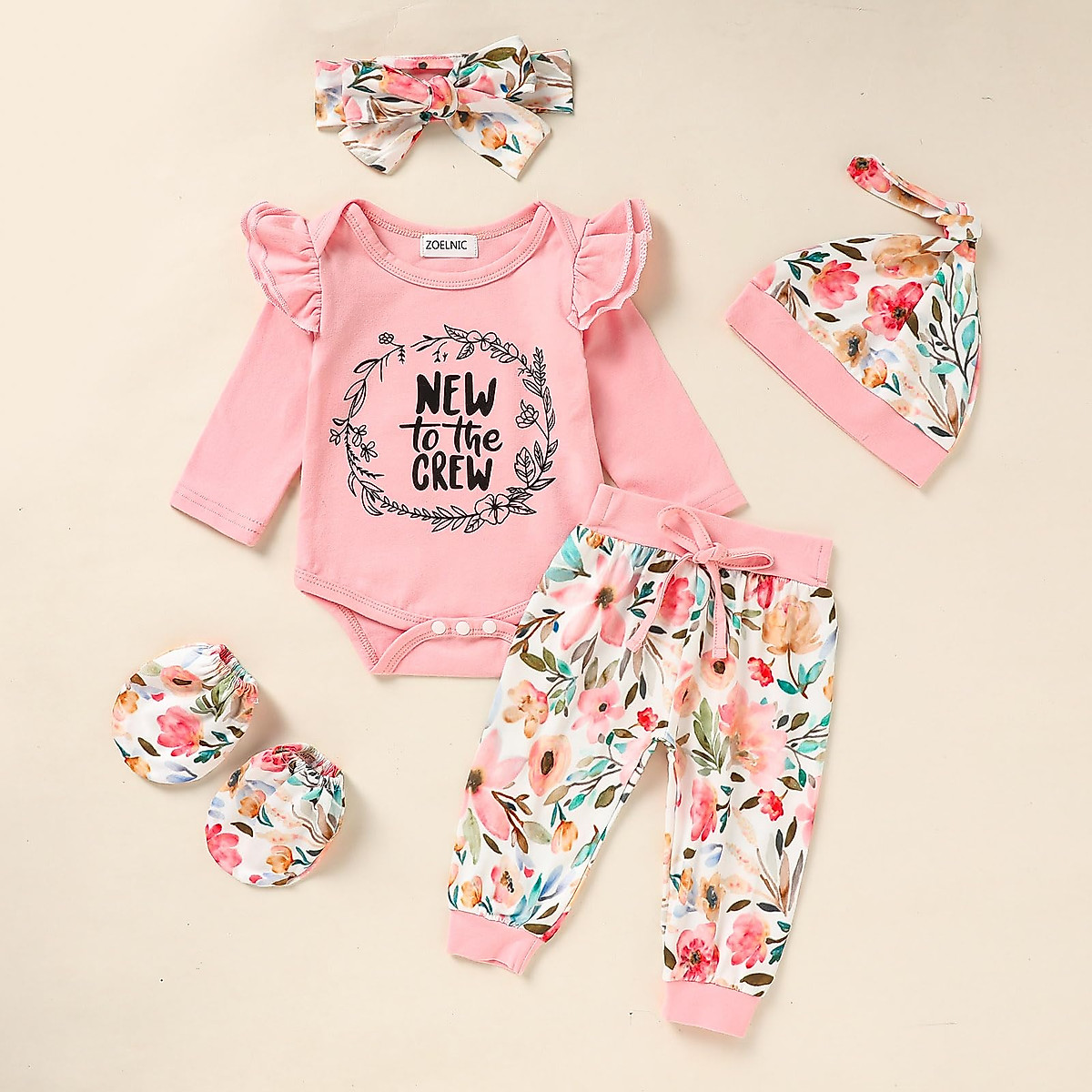 ZOELNIC Newborn Baby Girl Outfits New To The Crew Letter Print Romper+Floral Pants+Hat+Headband+Gloves 5PCS Clothes Set (Light Pink,Newborn)
