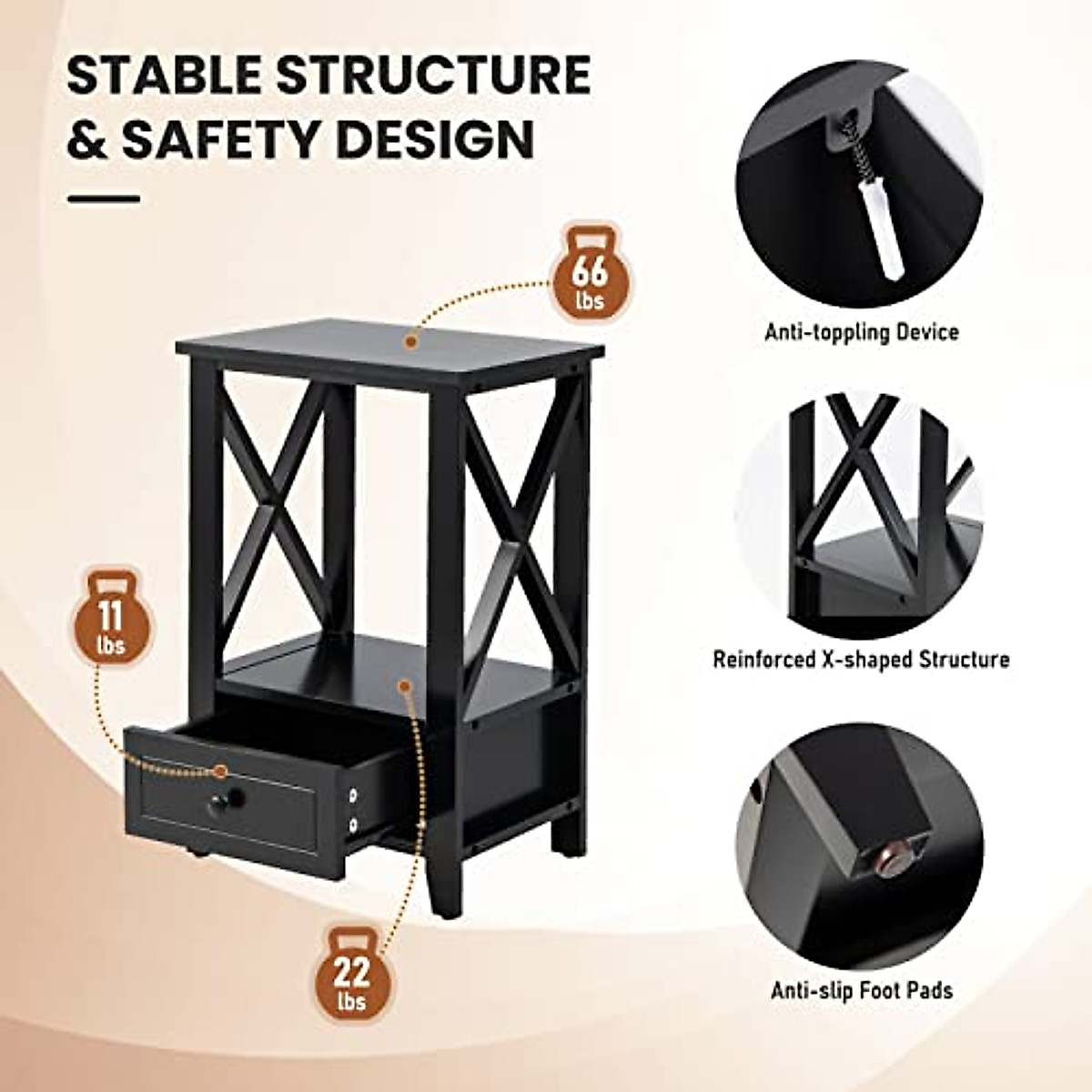 UIIAIOUIAIO 2-Tier Accent Nightstand with Storage Drawer, Farmhouse Wood End Table Bedside Table Sofa-Side Accent Table for Living Room Bedroom(Black)