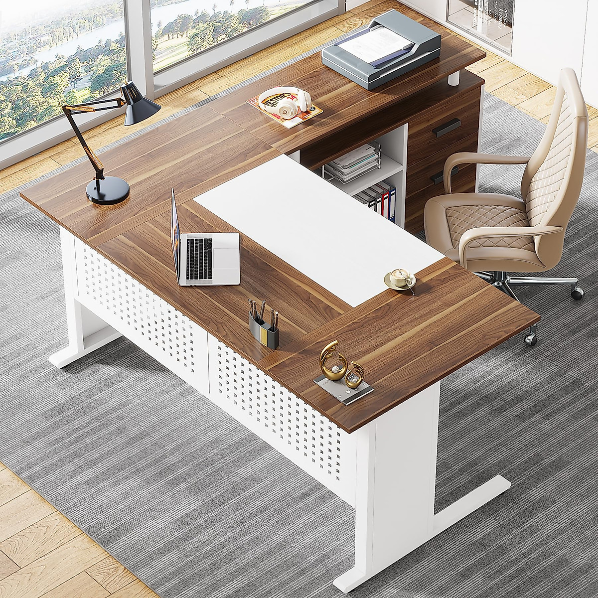 Tribesigns 63 Inch Executive Desk with File Cabinet, Large Office Desk L Shaped Computer Desk with Drawers and Storage Shelves, Business Furniture Desk Workstation for Home Office, White and Walnut