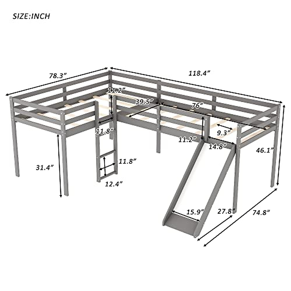 TARTOP Twin Loft Bed for Kids, L-Shape Loft Beds with Slide, Low Loft Bed Frame Corner Bunk Bed for Kids, Wooden Loft Bed for Girls Boys Teens,Gray