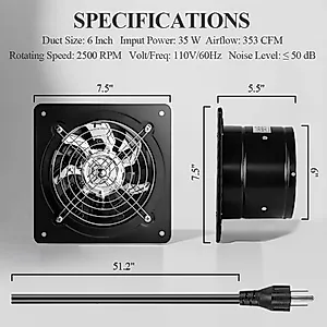 WiseWater 6 Inch Exhaust Fan, 110 V Wall Mounted Exhaust Fan, Low Noise 353 CFM Extractor with Variable Speed Controller for Kitchen, Bathroom, Smoking Room, Garage, Greenhouse, Attic, Farm