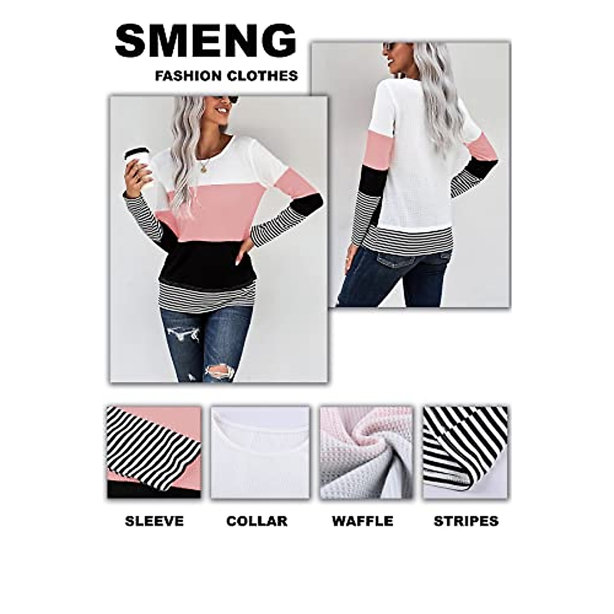 SMENG Womens Long Sleeve Tops Fashion Fall Clothes 2024 Pink Shirts for Women Waffle Knit Cute Casual Striped Patchwork Blouses Pink L