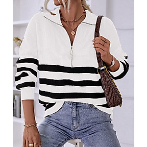 BTFBM Women 2025 Casual Long Sleeve Zip Striped Pullover Sweaters V Neck Collar Ribbed Knit Fall Winter Slouchy Jumpers(Striped White, Small)