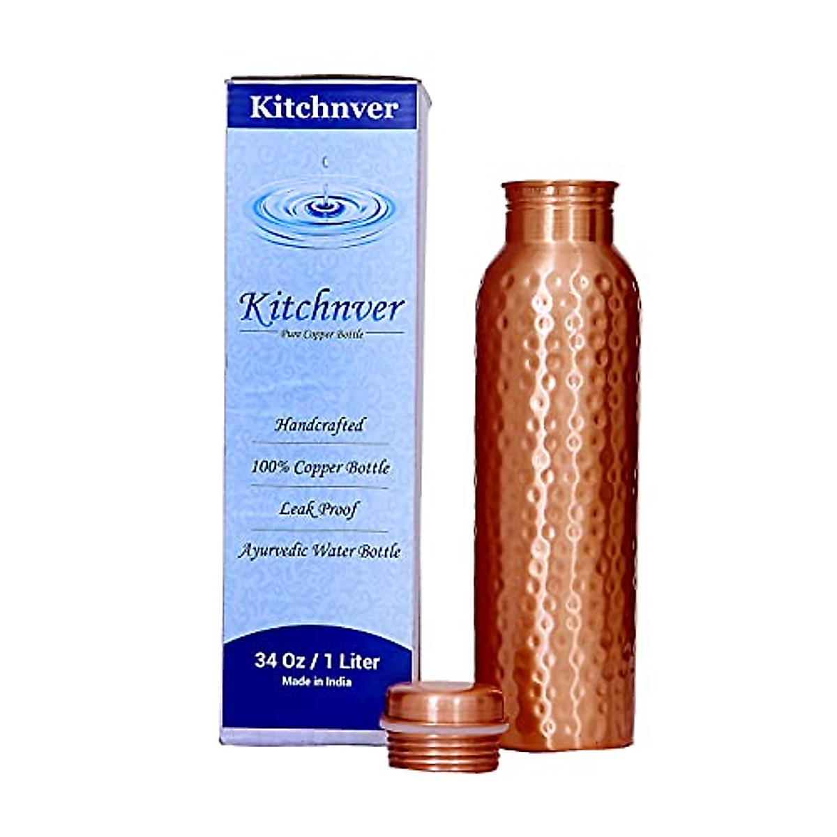 Kitchnver 100percentage Handcrafted Floral Engrave Pure Copper Water Bottle 34 Oz 1 Liter Extra Large Leak Proof Vessel Pot Etched