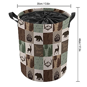Brebasf Rustic Wildlife Bear Foldable Laundry Basket,Moose Abstract Retro Cabin Adventure Theme for Blanket, Toys, Dirty Clothes In, Bathroom, Bedroom 13.8"W x 17.3"H