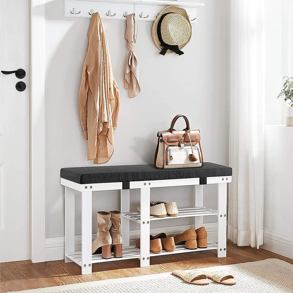 baibu Piano Bench Cushion 32 x12 inch for Indoor Shoe Storage Non Slip Picnic Bench Pad with Ties for Kitchen Dining Table Seat - One Pad Only (Black, 32x12x1.5in)