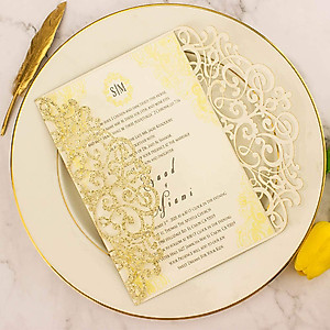 50Sets 5x7 inch 250gsm Light Gold Glitter Wedding Invitations Cards with Envelopes Laser Cut Greeting invites 4 Birthday Bridal Show