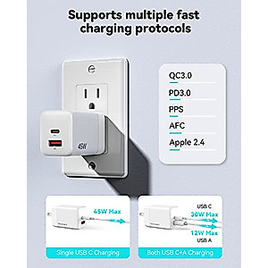 45W USB C Charger, TECKNET PD 3.0 Super Fast Wall Charger with Dual Ports, GaN Tech Portable Power Adapter Compatible for iPhone 14/13/Mini Pro Max, MacBook Pro 13″, iPad Pro, Galaxy S22/21