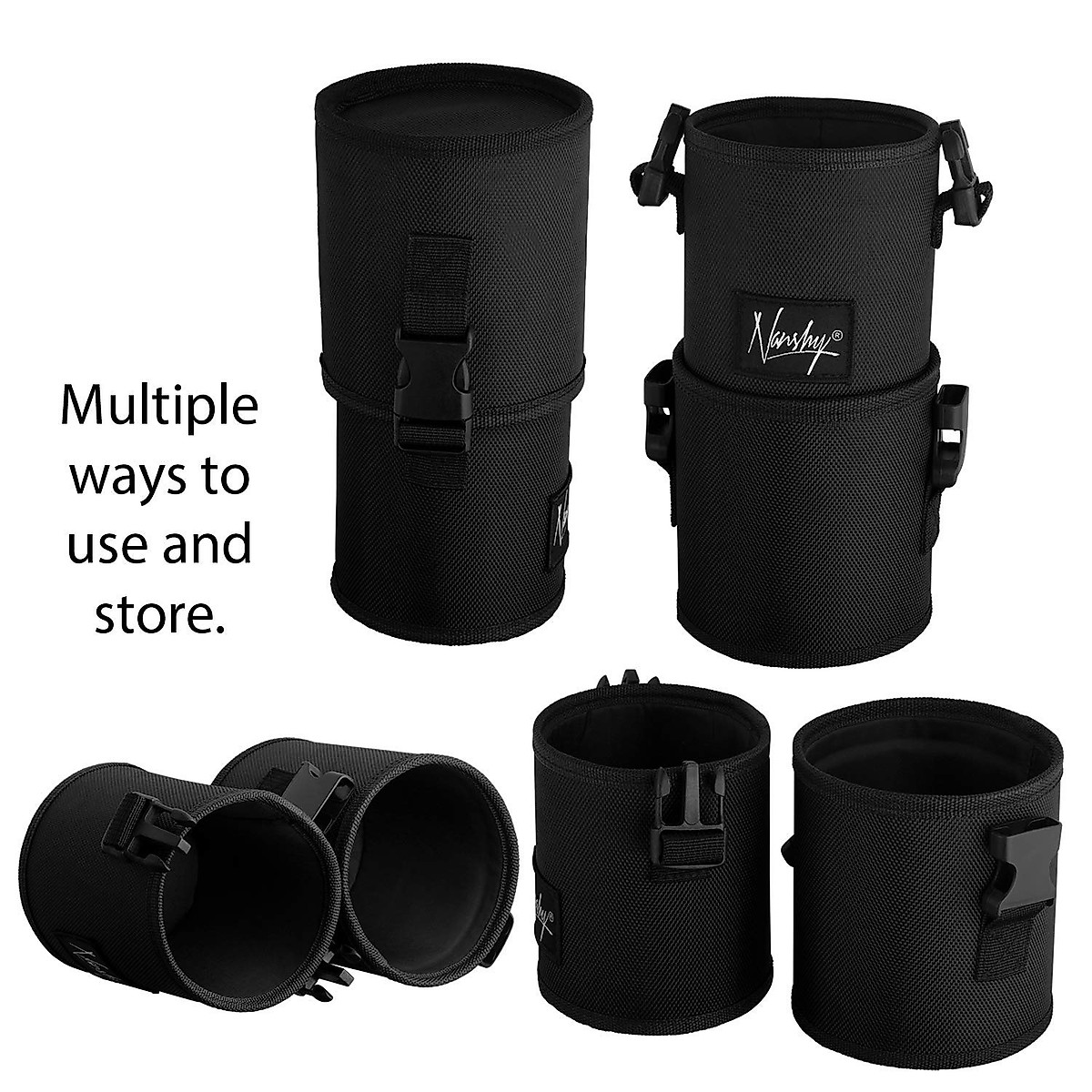 Nanshy Travel Makeup Brush Holder with Lid - Large, Stand Up Makeup Brush Case for MUA - 2-in-1 Durable Makeup Brush Organizer Bag & 2 Brush Cups - Brushes Not Included - Black - 9 x 4 x 4 Inches