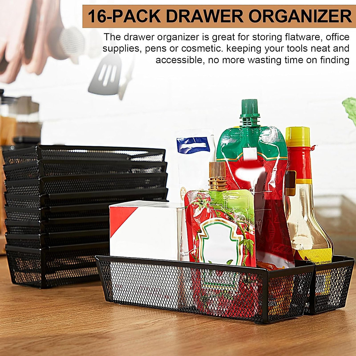 10 Pcs Drawer Organizer Silverware Drawer Organizer Mesh Utensil Drawer Organizer for Kitchen Drawer Silverware Tray with Interlocking Arm for Flatware Fork Spoon Knife Makeup, 9 x 3 x 2 Inch, Black
