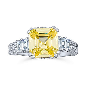 Elegant Timeless Art Deco Style 2CT Canary Yellow AAA CZ Square Asscher Cut Engagement Ring For Women Baguettes Side Stone Band .925 Sterling Silver