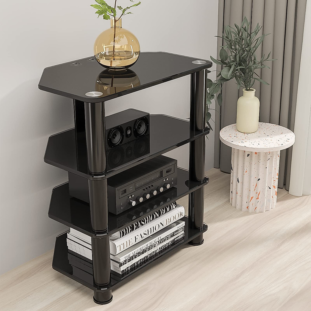 Rfiver Swivel TV Stand with Mount for 32"-70" Flat Screen, Slim Corner Entertainment Floor TV Mount with 4-Tier Tempered Glass Media Shelves, Height Adjustable and Cable Management