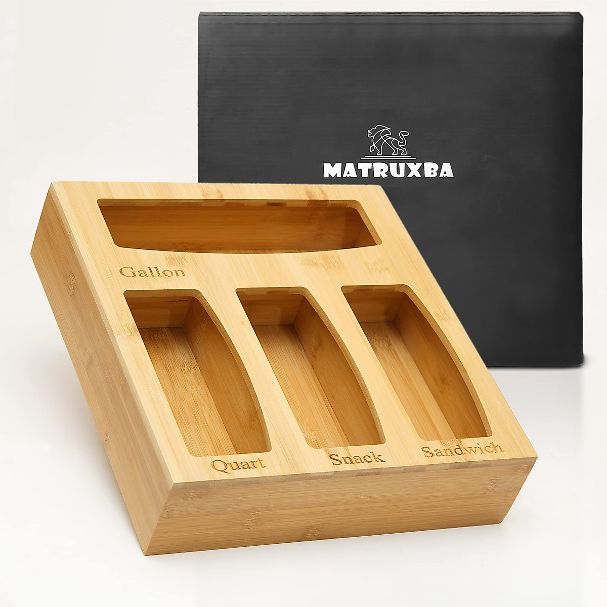 Matruxba Bamboo Ziplock Bag Organizer For Drawer, Premium Quality Plastic Bag Organizer Compatible With Ziploc, Solimo, Glad, Hefty For Gallon, Quart, Sandwich And Snack Variety Size Bags