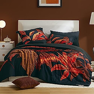 WRENSONGE Floral Duvet Cover King Size, 3 Pcs Black Red Flowers and Leaves Printed Comforter Cover with Zipper Corner Ties, Microfiber Duvet Cover Bedding Set for All Season, Soft, Breathable, Durable