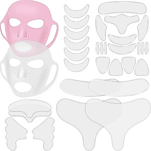 32 Pcs Facial Chest Neck Silicone Pad Reusable Face Forehead Patches Facial Sleeping Mask Cover for Smoothing Chest Neck Forehead Eye Mouth (Clear,Pink)