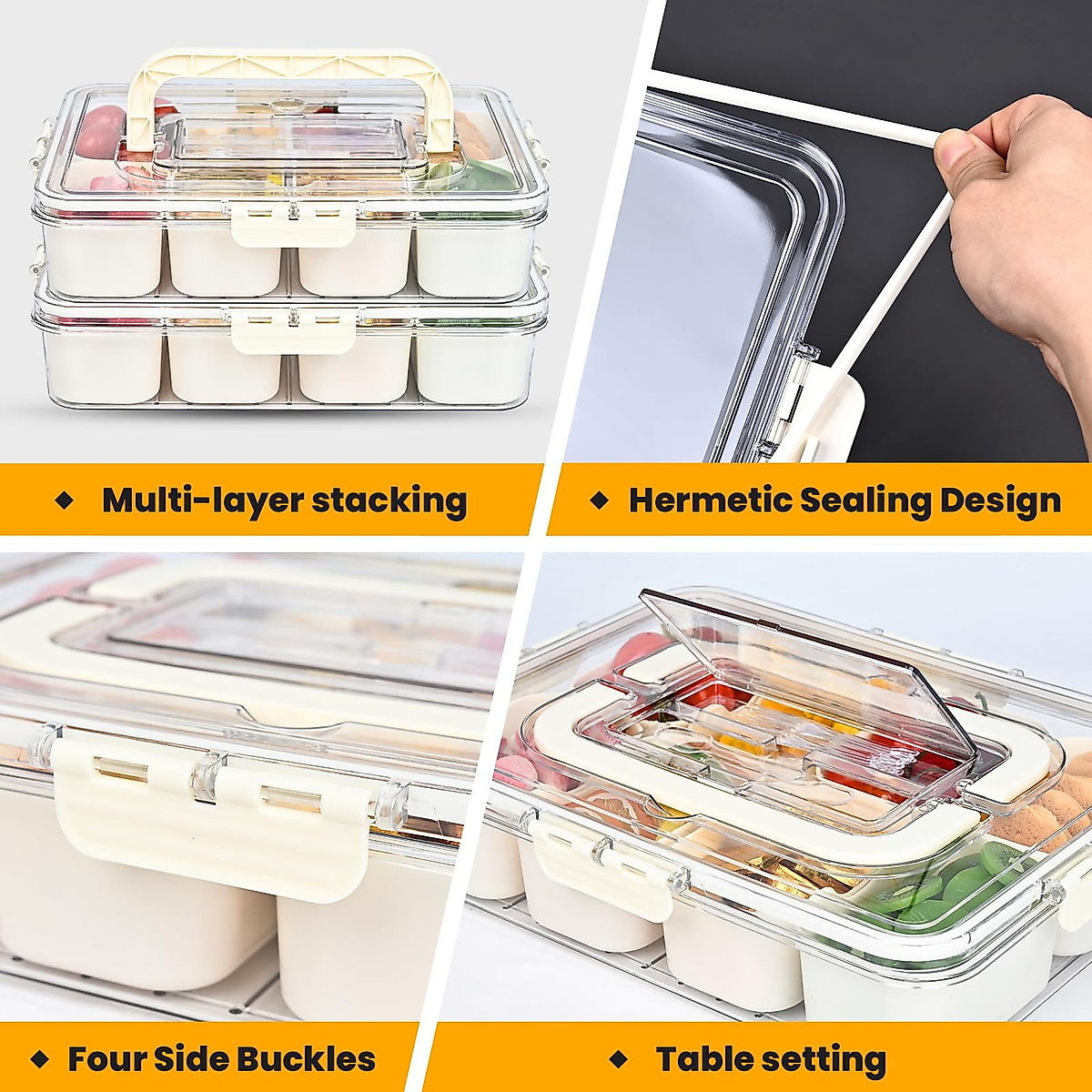 Linn'sCollection Divided Serving Tray with Lid and Handle,Snack Box Container with Cutlery Storage, Fruit Tray,Portable Snack Tray Organizer,Portable Snack Box Container, 8 Compartment Snack Container