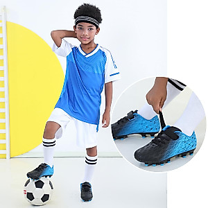 brooman Kids Firm Ground Soccer Cleats Boys Girls Athletic Outdoor Football Shoes(9,Black Blue)