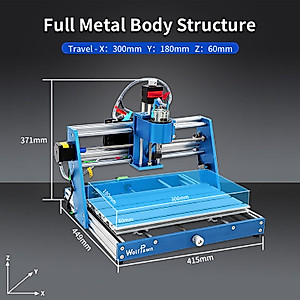 WolfPawn CNC Router Machine 3018 Blue All-Metal for Beginner with Emergency-Stop 3 Axis GRBL Control Engraving Machine Milling Carving for Wood Acrylic MDF PVC Plastic, 300X180X60mm (775Motor)