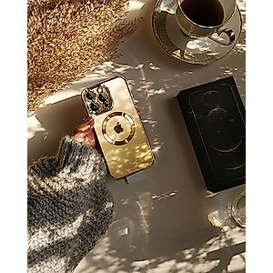 BOTOER Magnetic Matallic Glossy Designed for iPhone 14 Pro Phone Case with Full Camera Protection [Compatible with MagSafe] for Women Girls Phone Case (6.1")-Gold