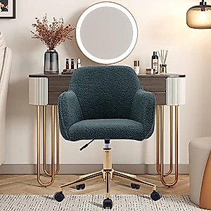 Modern Teddy Home Office Chair, Upholstered Cute Desk Chair with Gold Metal Legs, Adjustable Swivel Task Chair with Wheels, Vanity Chair for Girls Women Small Space Bedroom Study Makeup, Green