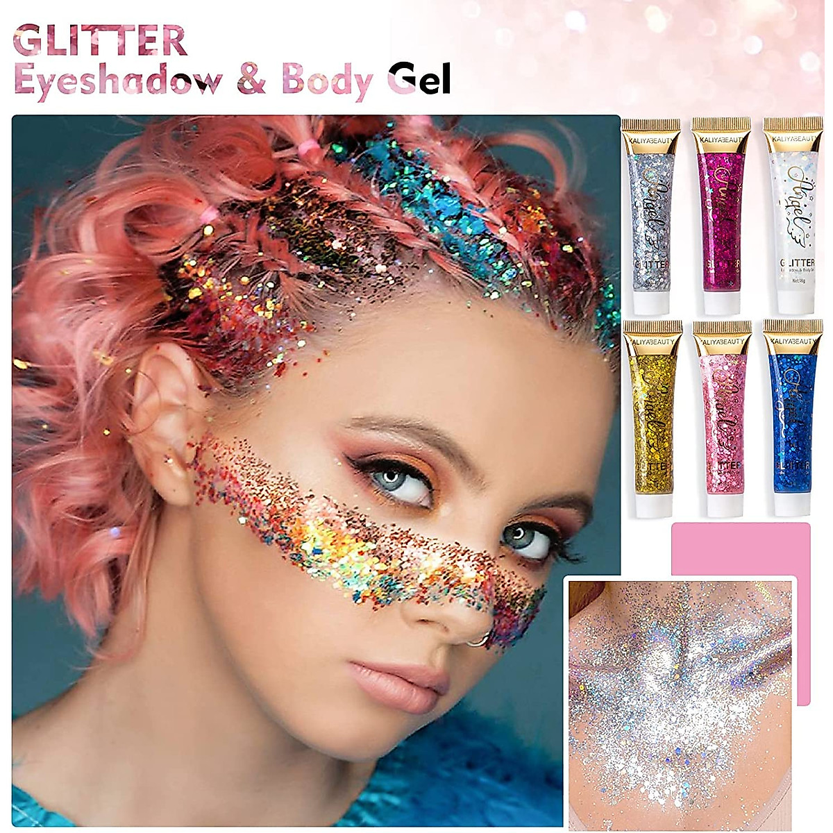 Beteligir 6pcs Face Body Glitter, Concert Glitter Gel, Face Eye Hair Music Festival Rave Accessories Makeup,Sparkling Body Glitter Gel for Women