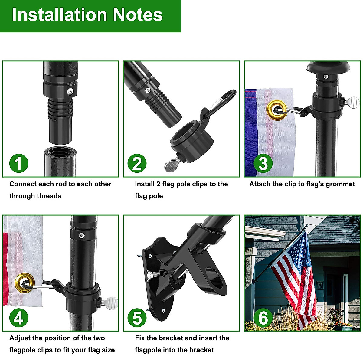 FFILY 5 FT Flag Poles for 3x5 Flags Outdoor, Flag Pole for Outside House with Tangle Free Flag Pole Rings, Heavy Duty American Flagpoles Residential kit for House, Porch