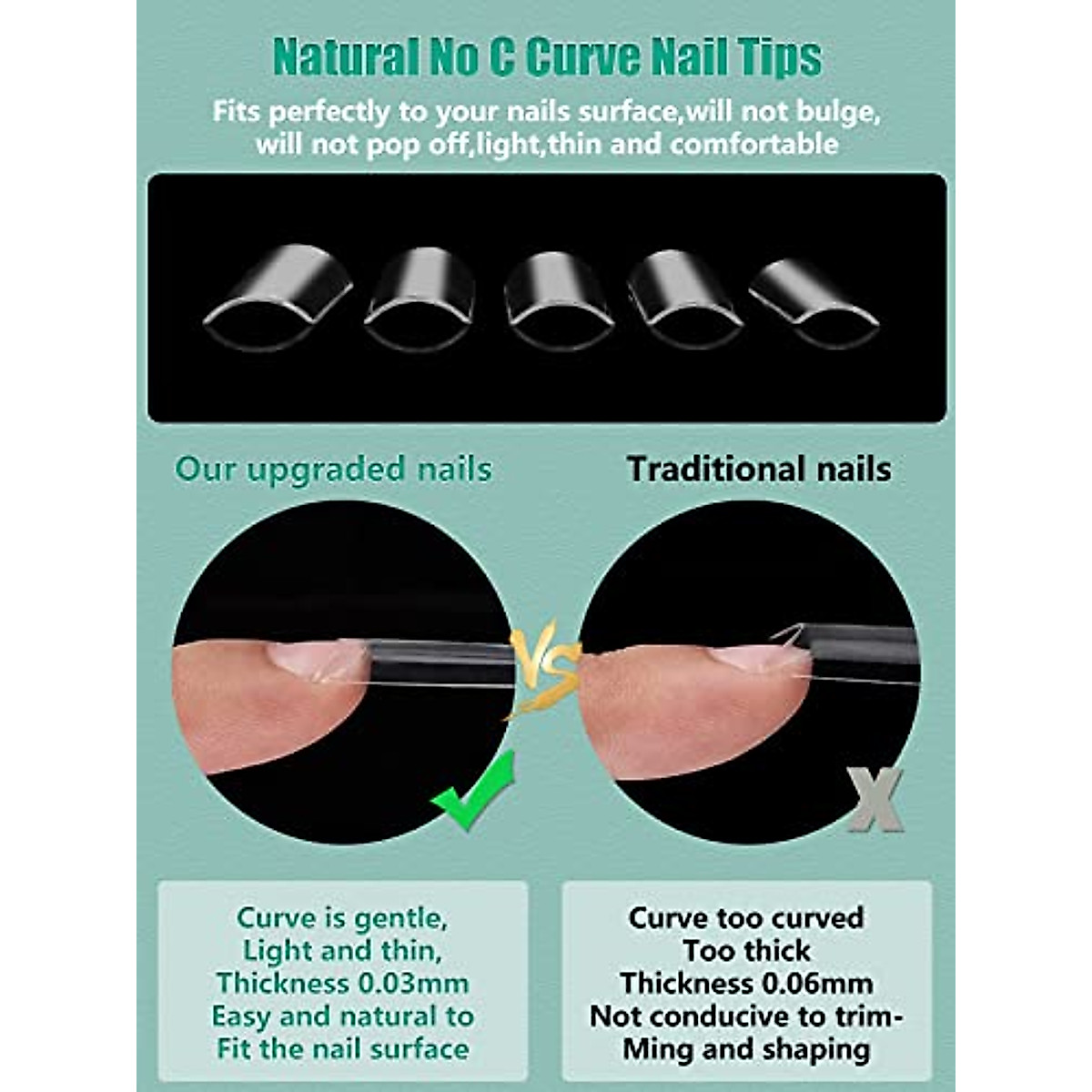 480PCS Extra Long NO C Curve Nail Tips XL, 2 Packs Natural and Clear Nail Tips for Acrylic Nails Professional Set, 12 Sizes Straight Tapered Square Press on False Nail Tips for Nail Art Salon Home DIY