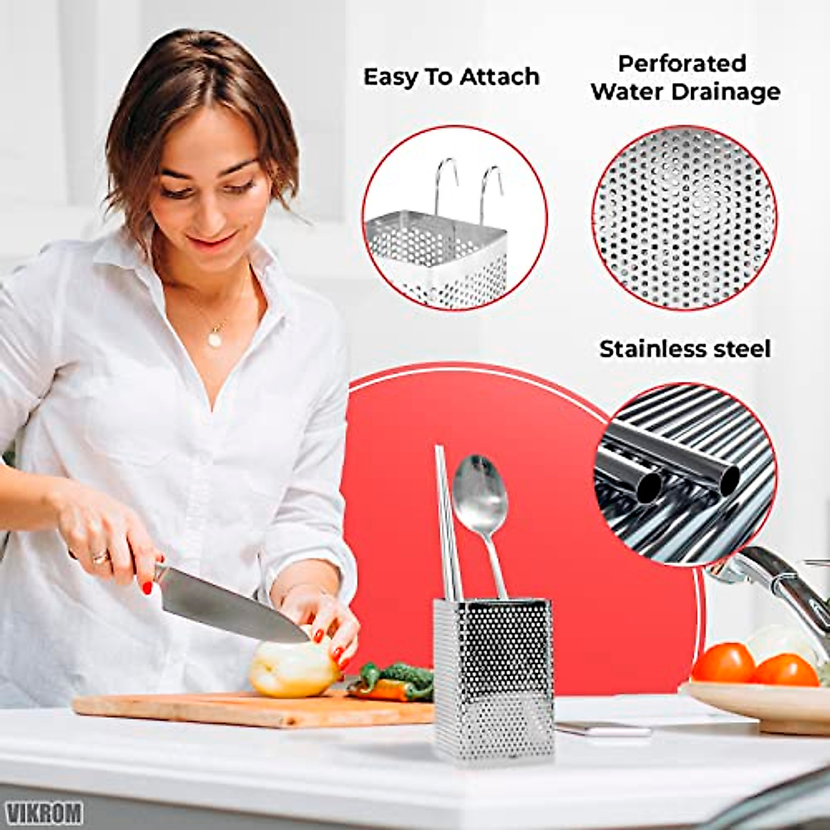 Stainless Steel Utensil Holder for Kitchen Counter - Perforated Kitchen Utensil Holder for Countertop Chopstick Spoon Spatula Holder Dryer Rack with Hooks - Utensil Caddy for Cooking Utensils Holder