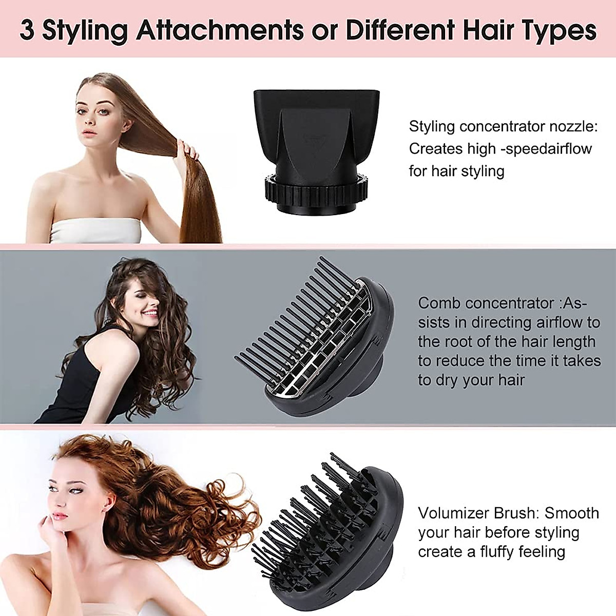 Professional Hair Dryer, 1800W Blow Dryer with Powerful AC Motor, 3 Speeds 1 Cool Button, Attachment Contain Volumizer Brush & Comb Concentrator Styling Nozzle,for Home Salon Travel