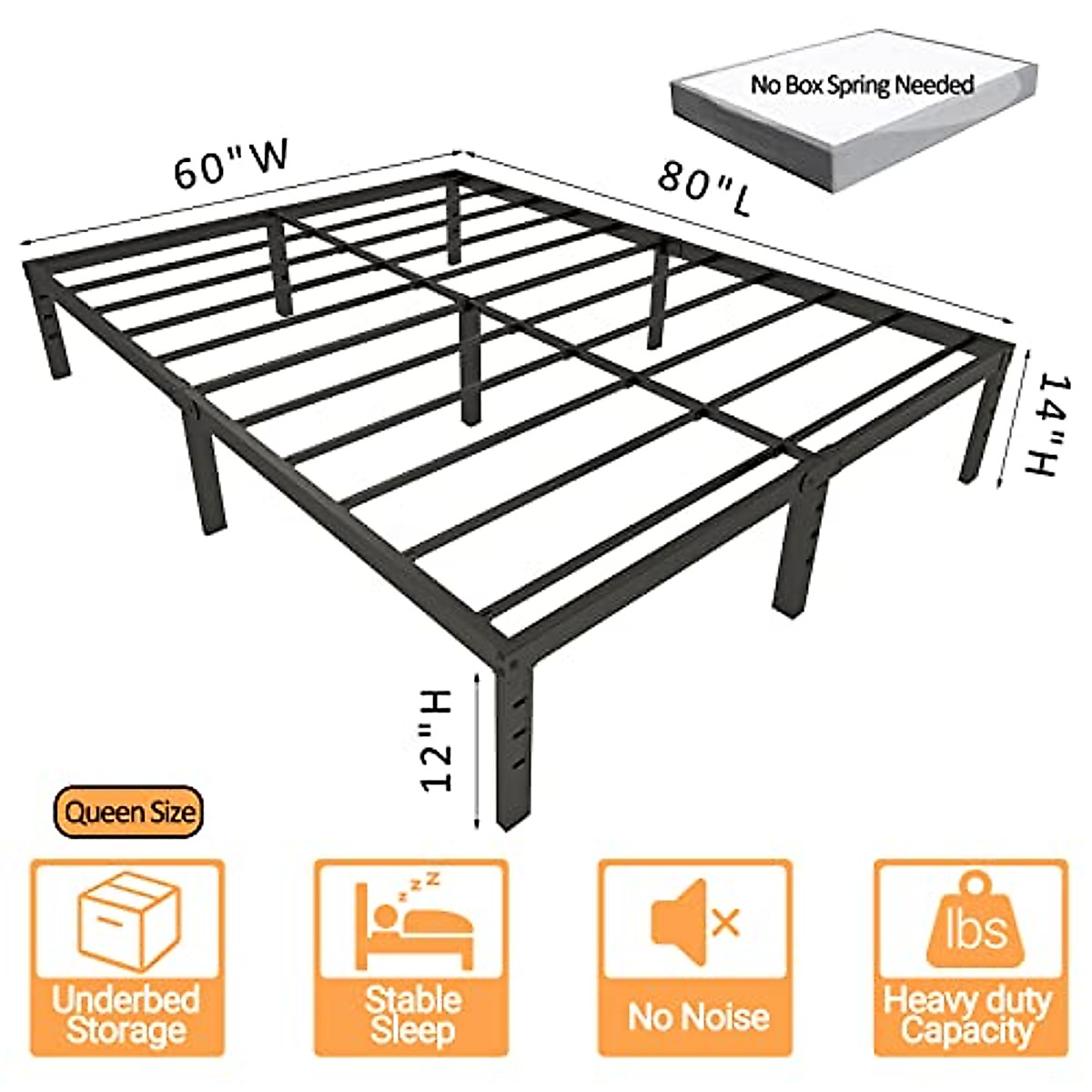 DURISO Queen Size Bed Frame Heavy Duty Metal Bed Frame 14 Inch High Queen Size Platform Max 3500lbs No Box Spring Needed Easy Assembly No Noise Black