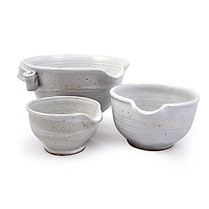 Modern Artisans American Made Stoneware Pottery Batter Bowls, 3-Piece Nesting Set, Classic All-White Glaze