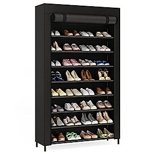 Tribesigns Shoe Rack,9 Tier Shoes Storage Rack Organizer with Nonwoven Fabric Cover,Shoe Storage Shelf for 40-50 Pairs of Shoes,Black Tall Shoes Racks (Black)