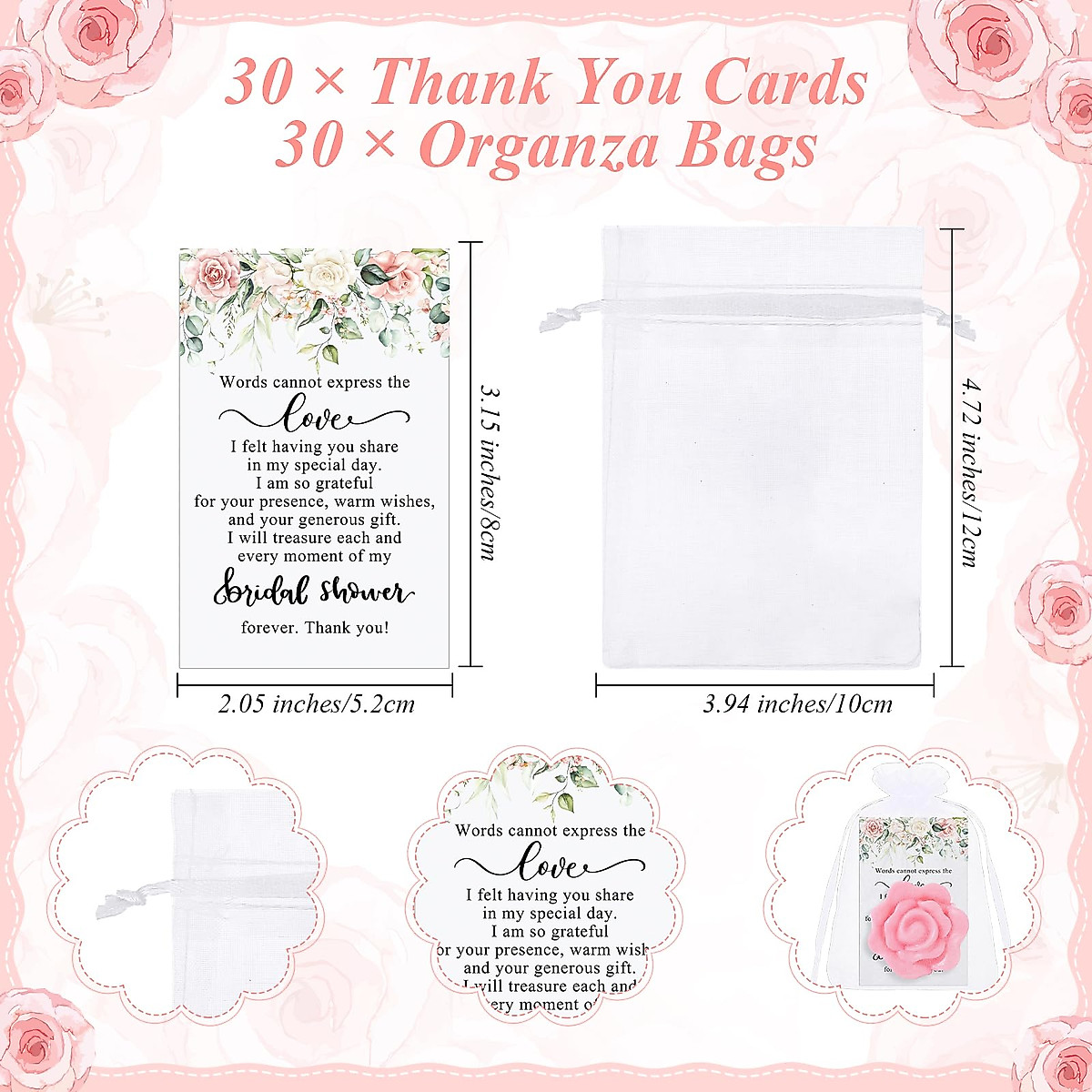 Heigble 30 Sets Bridal Shower Favors for Guests Mini Soap Rose Flower Petals Pink Handmade Floral Scented Bath Soap with Thank You Cards and Organza Bags Wedding Favors for Bridesmaids Guests