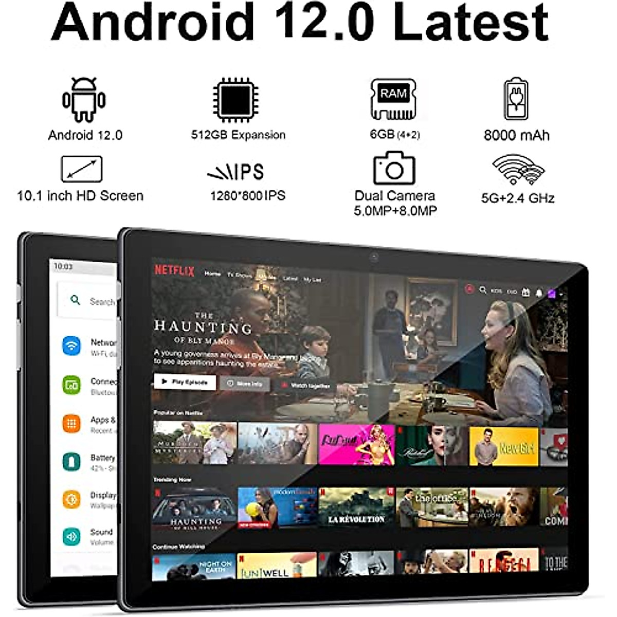 10 inch Tablet, Android 12 Tablet, 6GB RAM 64GB ROM, 512GB Expand Android Tablet with Dual Camera, 5G WiFi, Bluetooth, HD Touch Screen, Google GMS Certified