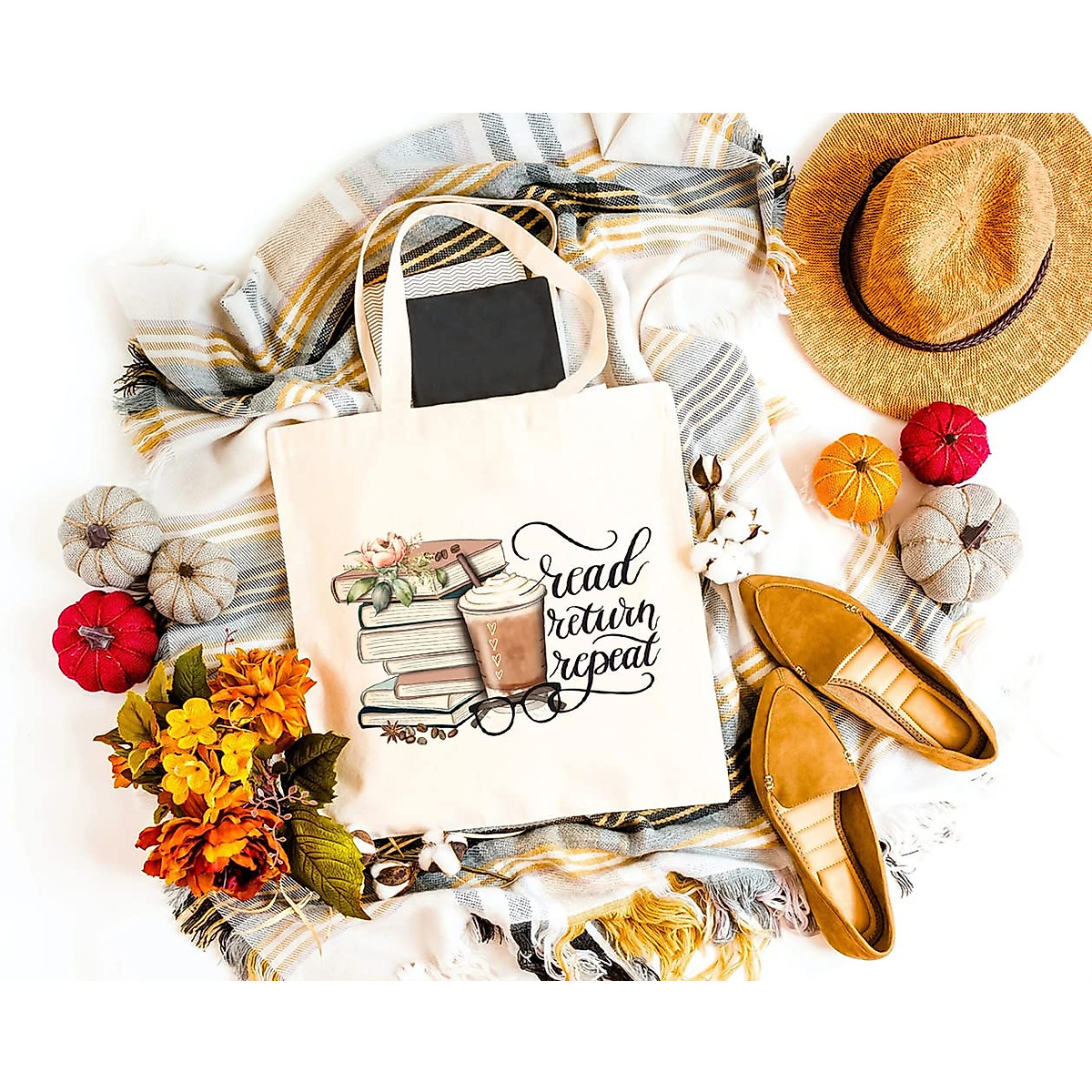 GXVUIS Read Return Repeat Canvas Tote Bag for Women Aesthetic Coffee And Books Lovers Reusable Grocery Shoulder Shopping Bag White