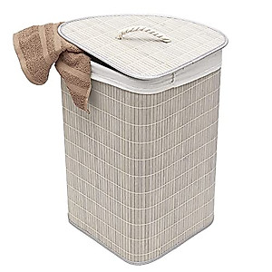 Home Basics Folding Corner Bamboo Hamper with Liner | Holds 2 Loads of Laundry | Top Handle | Removable, Washable Cotton Liner (Grey)