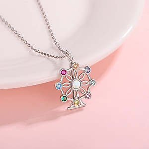 Silver Spinner Ferris Wheel Necklace - 925 Sterling Silver Romantic Fidget Anxiety Ferris Wheel Jewelry Necklaces for Women, Christmas Gifts Dainty Multi Gemstone Ferris Wheel Opal Necklace for Her