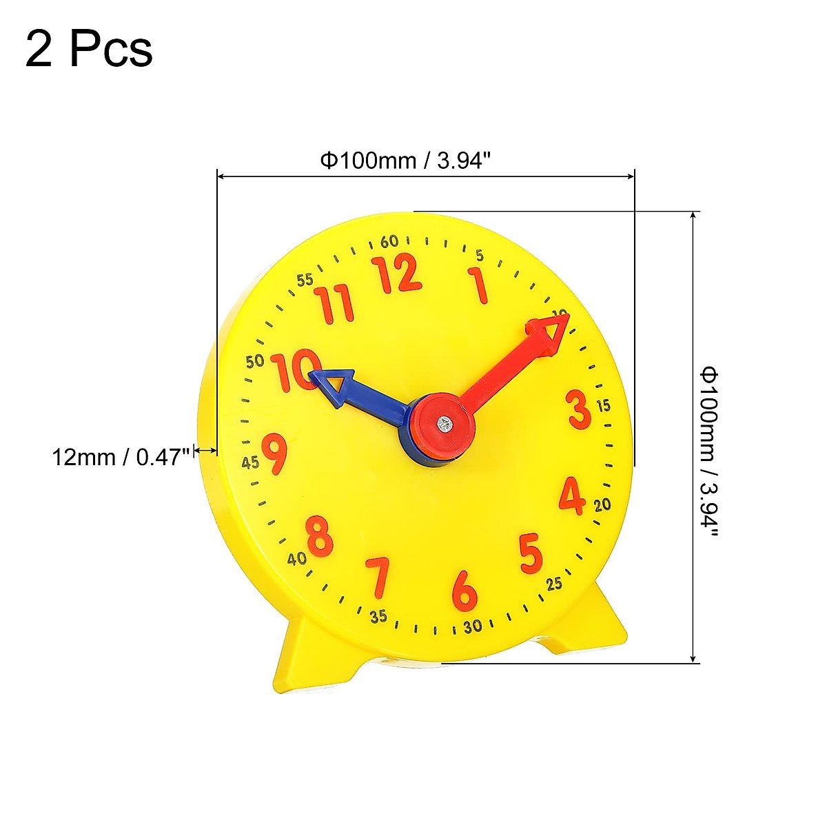 PATIKIL 4 inch Teaching Clock, 2 Pack Learn Clock Learning Tell Time Analog Clock Demonstration Clock 12 Hour 2 Pointers for Classroom Teacher, Yellow