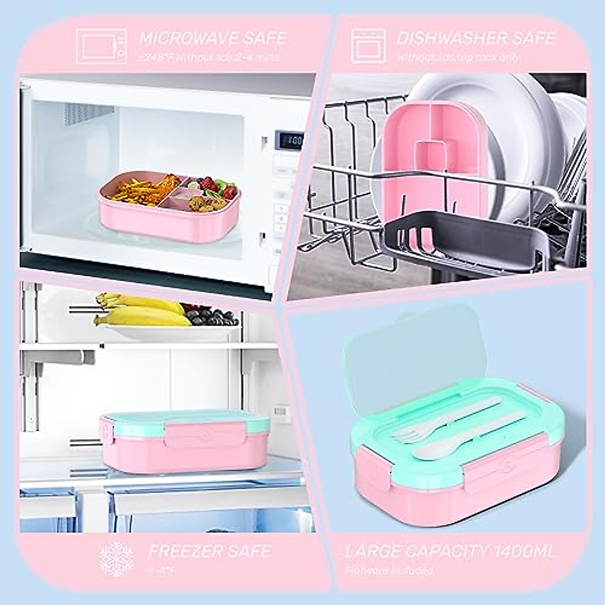 TEVIKE Kids & Adults Bento Lunch Box-4 Compartment Leak-Proof Food Containers with Fork & Spoon, BPA Free, Bento Adult Lunch Box for Work School, Microwave & Dishwasher Safe (Misty Mint-Pk)