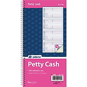 Adams Spiral Petty Cash Book, 2-Part, Carbonless, 4 Messages per Page, 200 Sets per Book (SC1156)
