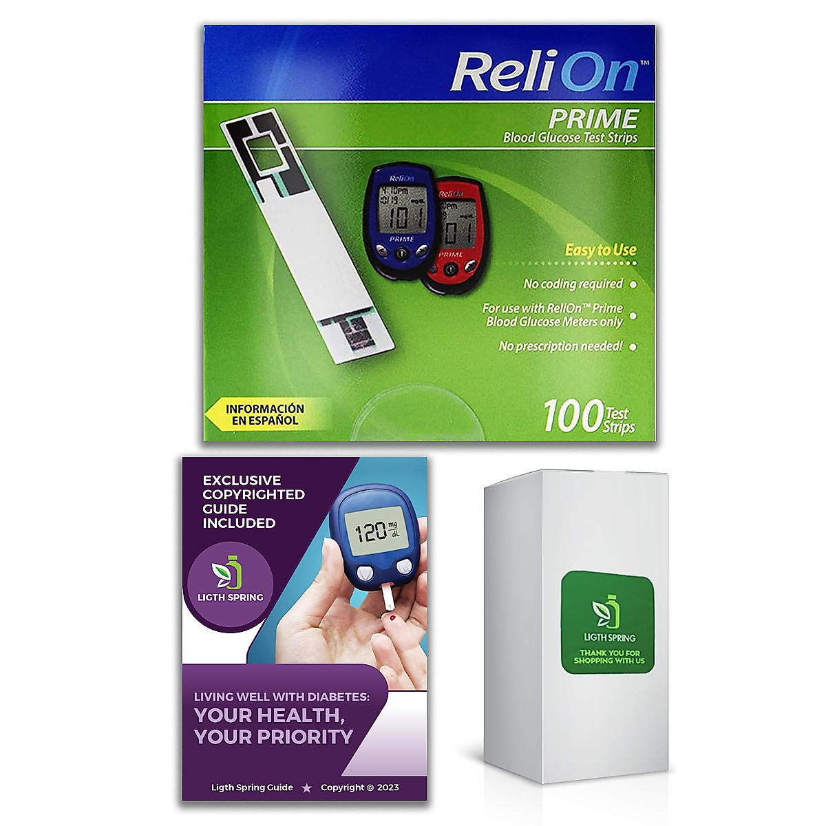 ReliOn Prime Blood Glucose Test Strips, 100 Ct Bundle with Exclusive Living Well with Diabetes: Your Health, Your Priority - Better Light&Spring Guide (2 Items)