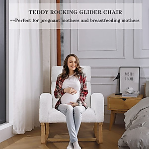 HOMYKA Nursery Rocking Chairs,Teddy Glider Rocker for Mom with High Backrest,Side Pocket and Extended Wood Legs for Bedroom Living Room, White Sherpa