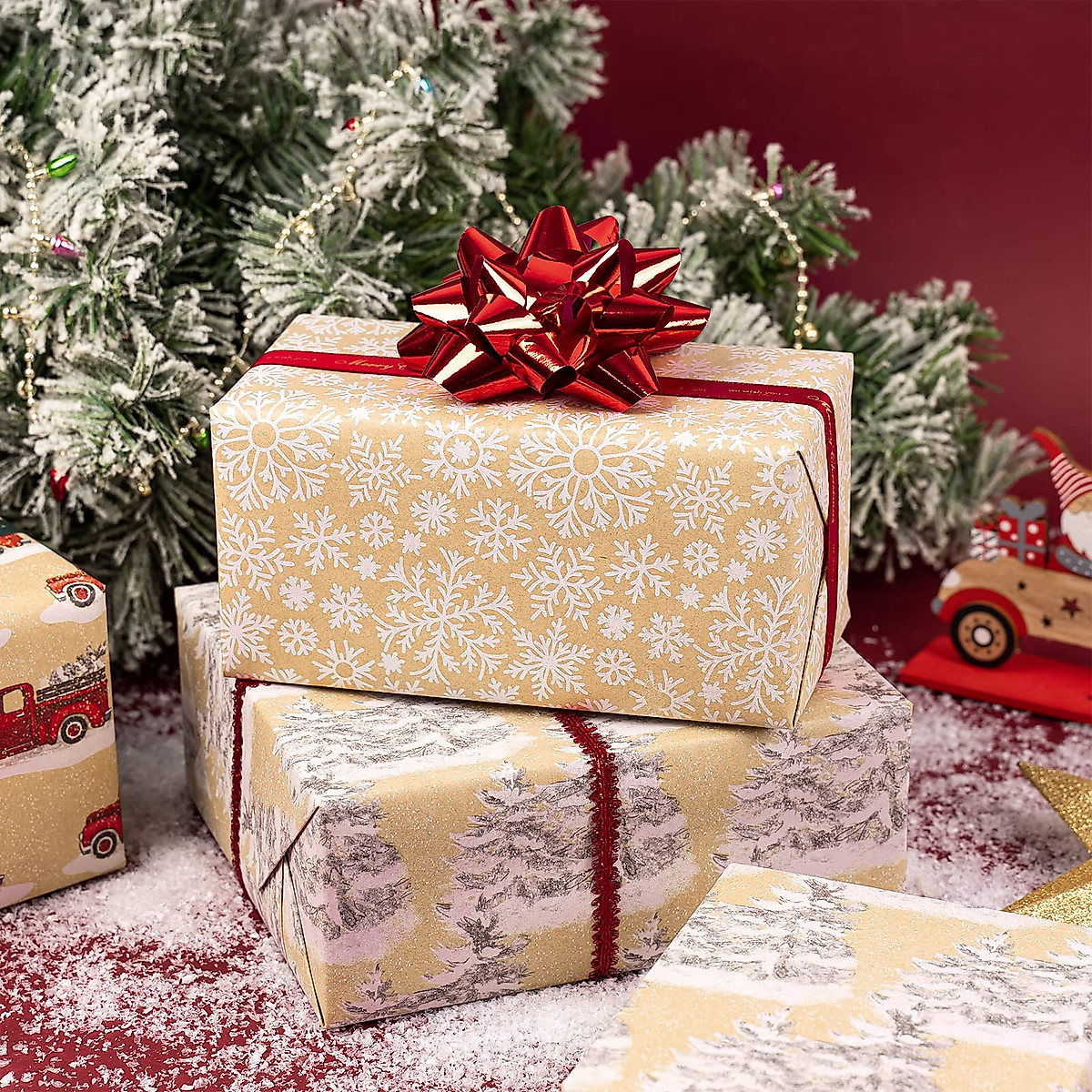 RUSPEPA Christmas Wrapping Paper, Kraft Paper - Snowflake, Snowman, Red Truck and Christmas Tree - 4 Rolls - 30 inches x 10 feet per Roll