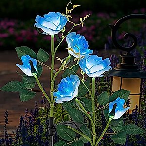 FORUP 2 Pack Solar Garden Stake Lights, Outdoor Solar Rose Flower Lights with 6 Rose Flowers, LED Rose Solar Powered Lights for Patio, Lawn, Garden, Yard Decoration, Blue