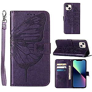 Moment Dextrad for iPhone 14 Wallet Case 2022,for iPhone 13 Wallet Case,[Kickstand][Wrist Strap][Card Holder Slots] Butterfly Floral Embossed PU Leather Flip Cover for iPhone 14/13 6.1 inch (Purple)