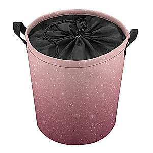 Rose Gold Glitter Laundry Basket Pink Bling Printed Laundry Hamper Collapsible Round Girls Dirty Clothes Hamper Toys Storage Basket with Drawstring for Kids Bedrooms Nursery