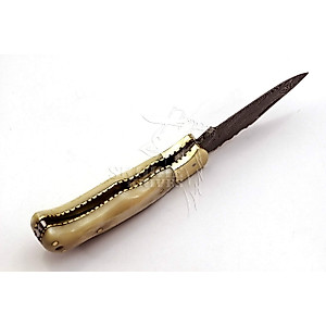 Skokie Knives Custom Hand Made Damascus Steel Hunting Folding Knife Handle Camel Bone