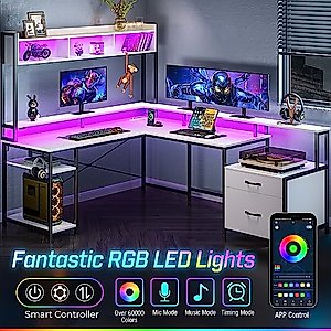 Rolanstar Computer Desk with File Drawer & Led Lights, 102.4" L Shaped Desk with Power Outlets, Gaming Desk with Monitor Stand, Hutch & Storage Shelf, Home Office Desk White