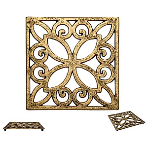 Comfify Decorative Cast Iron Trivet for Kitchen Or Dining Table | Square with Vintage Pattern - 6.5 x 6.5 | with Rubber Pegs/Feet - Recycled Metal | Vintage, Rustic Design | Gold with Black